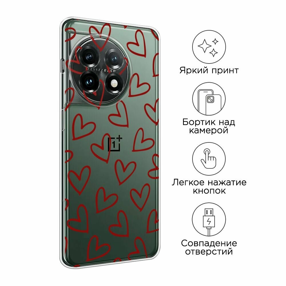 Чехол на OnePlus 11 / Ван Плас 11 с принтом "Little hearts doodles 2 - 14 февраля", прозрачный — фото 1