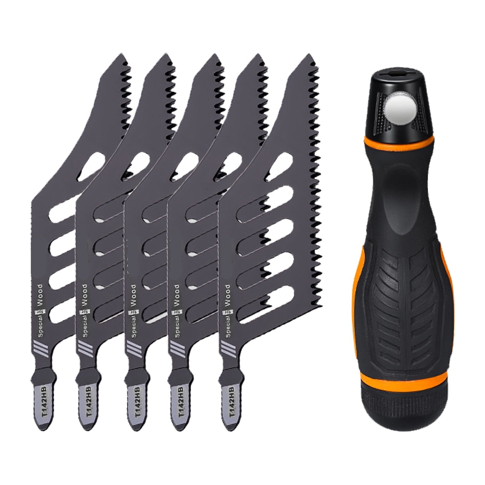 5 шт. пильных полотен для лобзика с плоской заточкой, из высокоуглеродистой стали, с неровным изгибом, с ручкой, для мягкой древесины, древесноволокнистых плит и фанеры.