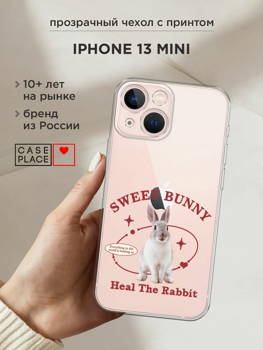 Чехол на Apple iPhone 13 mini / Айфон 13 мини с принтом "Heal the rabbit", прозрачный