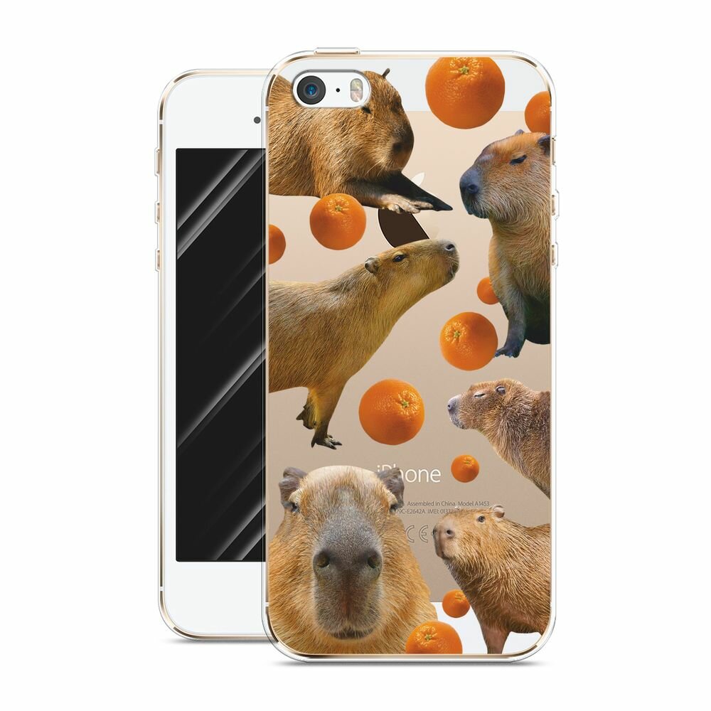 Чехол на Apple iPhone 5/5S/SE / Айфон 5/5S/SE с принтом "Капибара и апельсины", прозрачный — фото 1