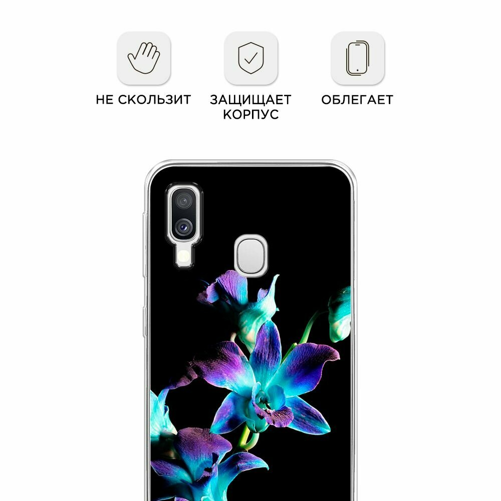 Чехол на Samsung Galaxy A40 / Самсунг Галакси А40 с принтом "Синий цветок на черном" — фото 1