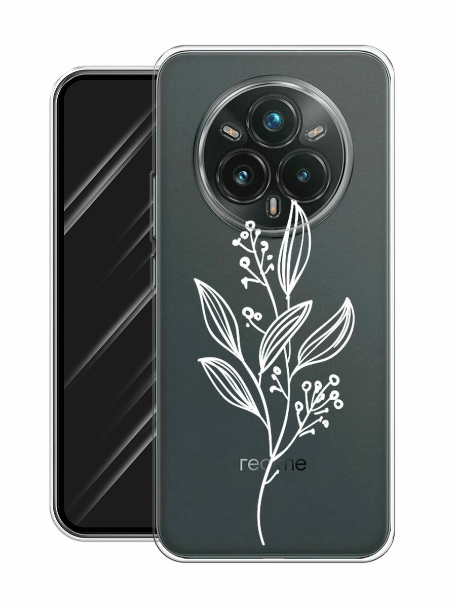 Чехол на Realme 14 Pro / Реалми 14 Про с принтом "Ветка с листочками и цветами", прозрачный — фото 1