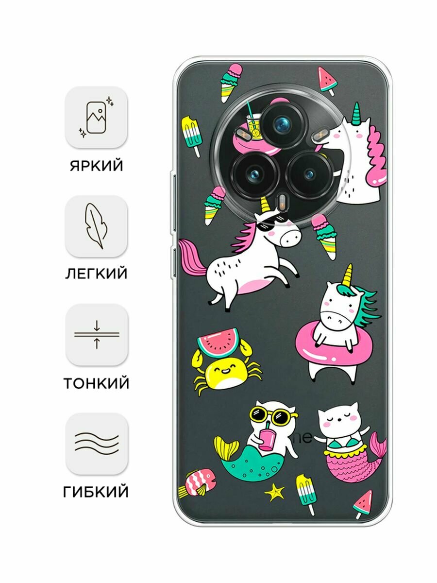 Чехол на Realme 14 Pro / Реалми 14 Про с принтом "Единороги в отпуске", прозрачный — фото 1