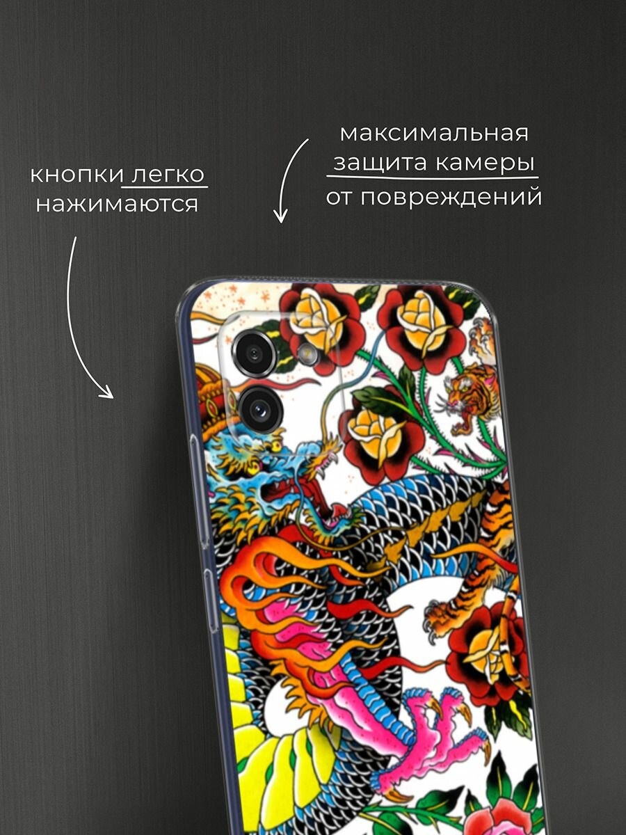 Чехол на Samsung Galaxy A03 / Самсунг Галакси А03 с принтом "Дракон в цветах" — фото 1