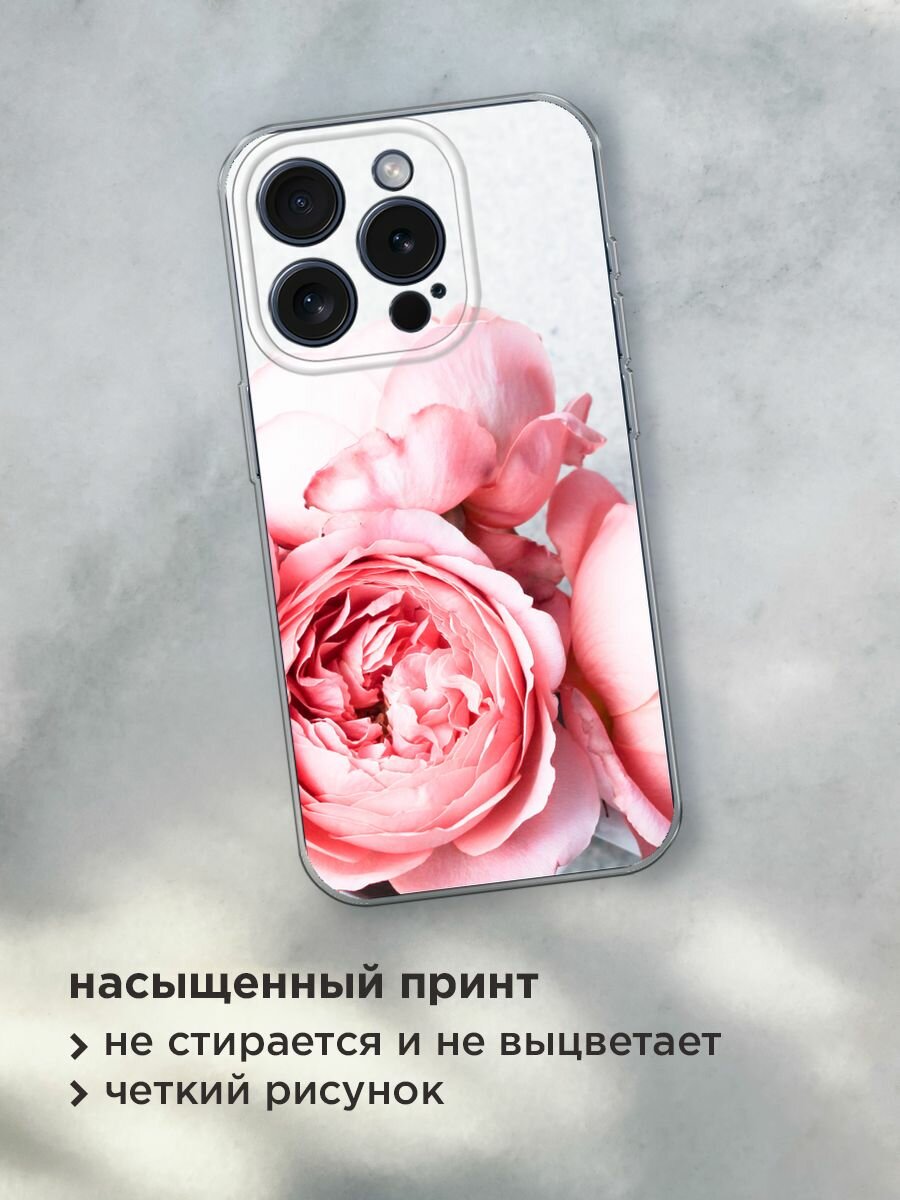 Чехол на Apple iPhone 15 Pro / Айфон 15 Про с принтом "Пионы на белом" — фото 1
