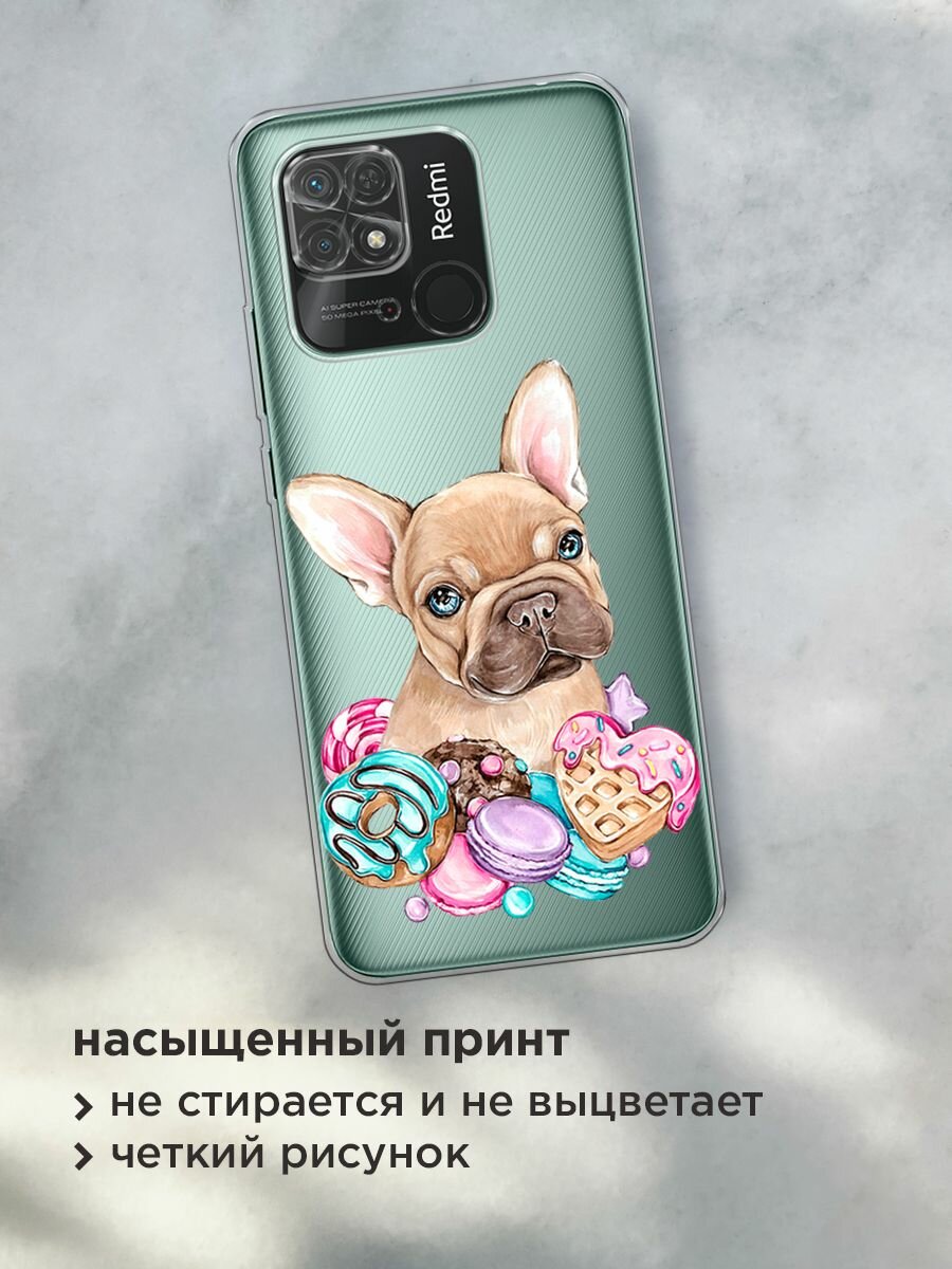 Чехол на Xiaomi Redmi 10C / Сяоми Редми 10C с принтом "Бульдог и сладости", прозрачный — фото 1