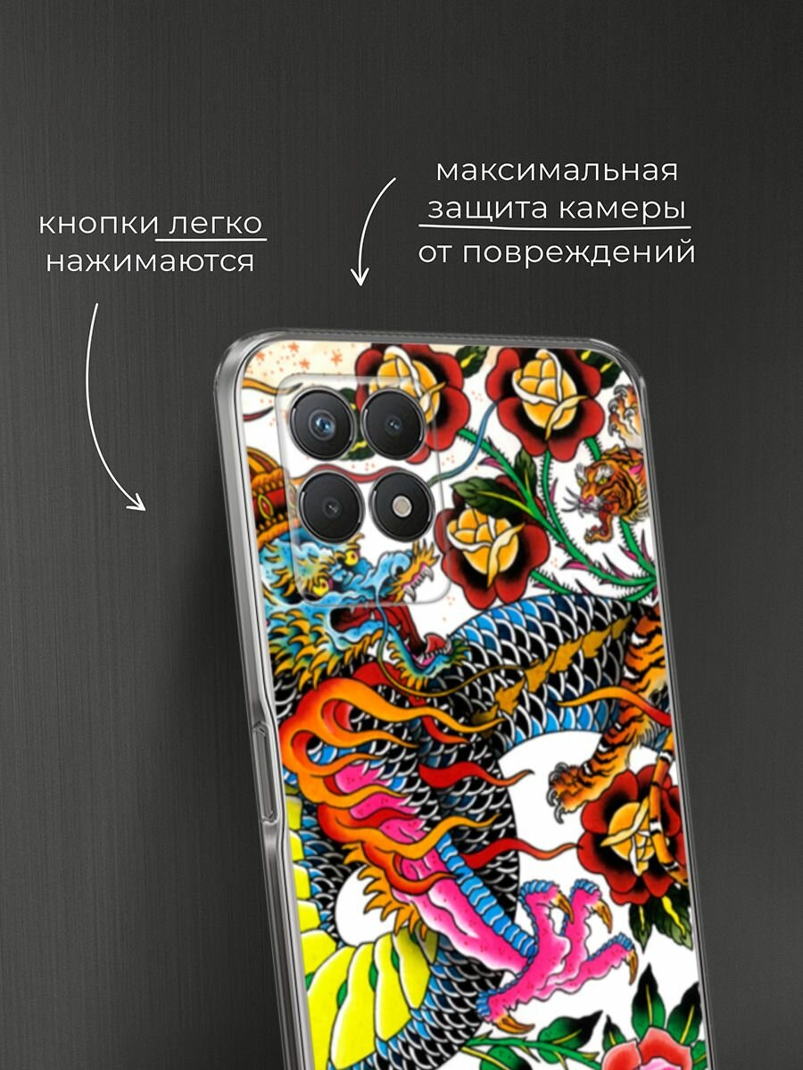 Силиконовый чехол на Realme 8i / Реалми 8i с принтом "Дракон в цветах" — фото 1