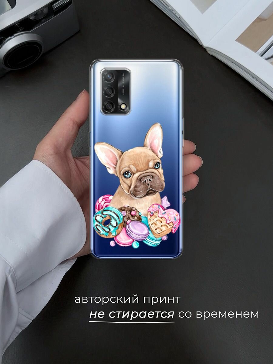 Чехол на Oppo A74 / Оппо A74 с принтом "Бульдог и сладости", прозрачный — фото 1