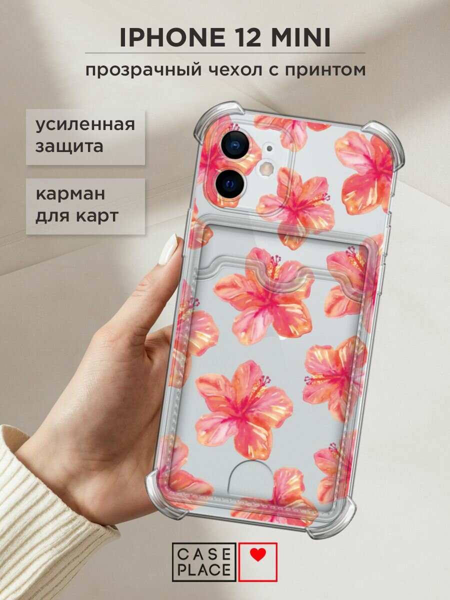 Чехол на Apple iPhone 12 mini (Айфон 12 Мини) с картой и принтом "Pink flowers"