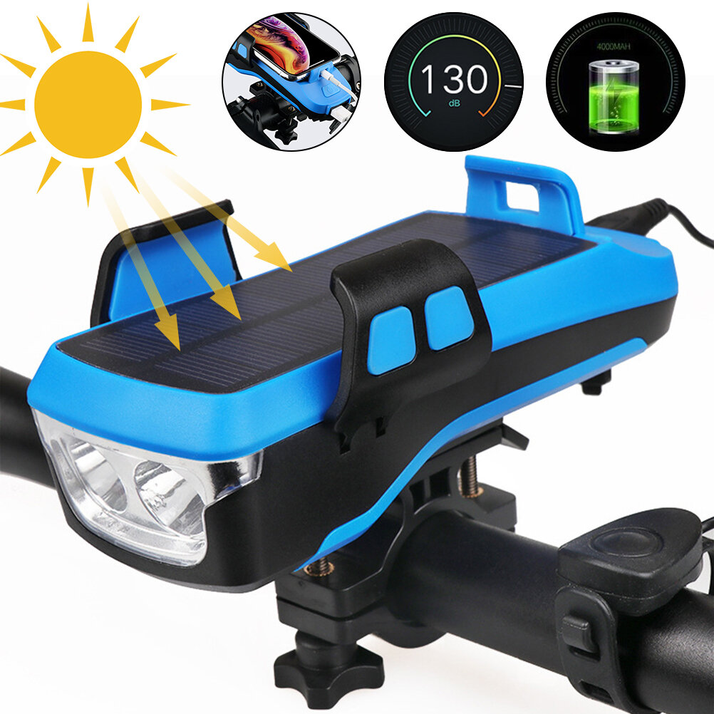 4 в 1 Многофункциональный солнечный велосипедный светильник Держатель для мобильного телефона 4000 мАч Power Bank Велосипедный звонок Светодиодные велосипедные фонари