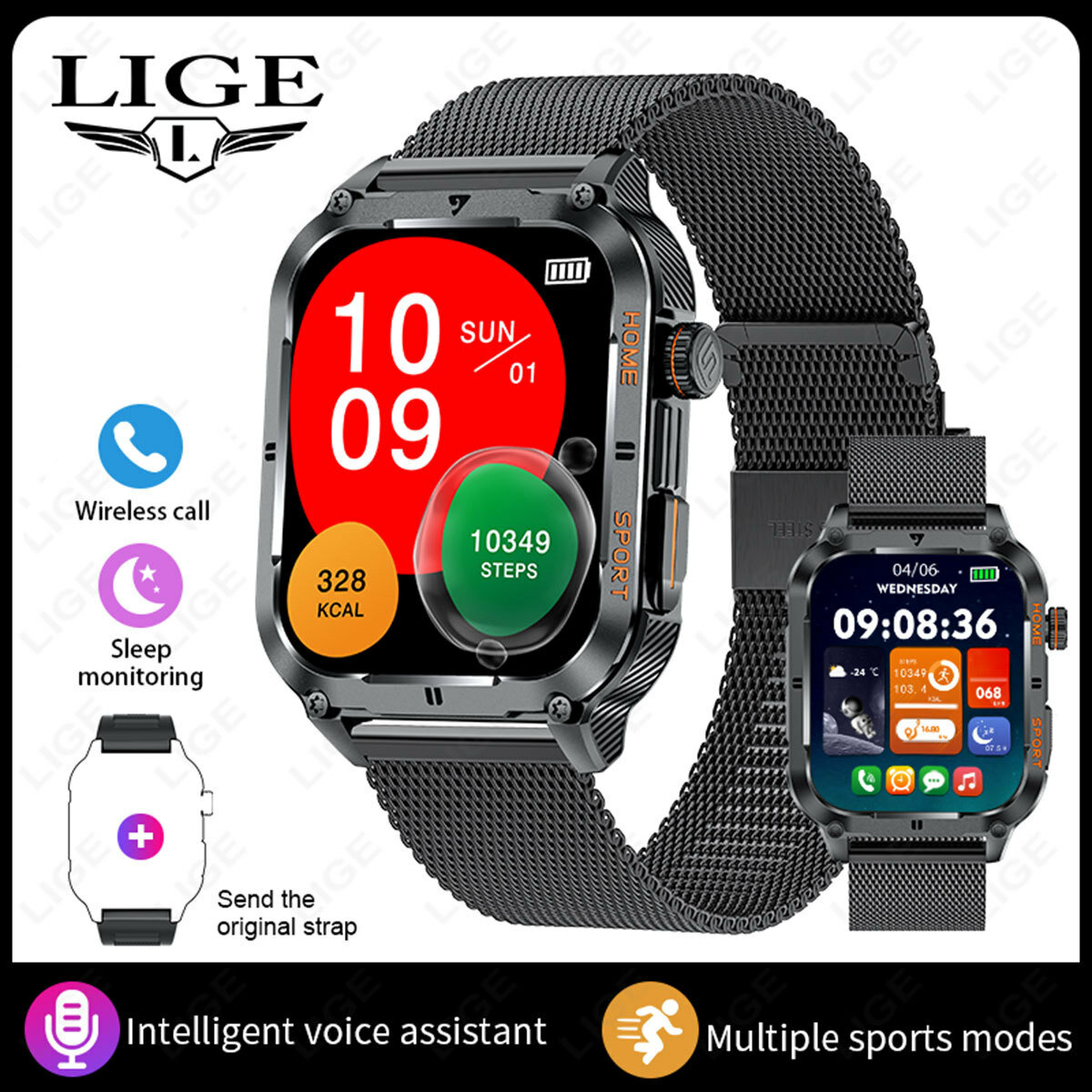 Умные часы LIGE для мужчин с функцией звонков, измерения пульса и давления, Сетка с черной оболочкой