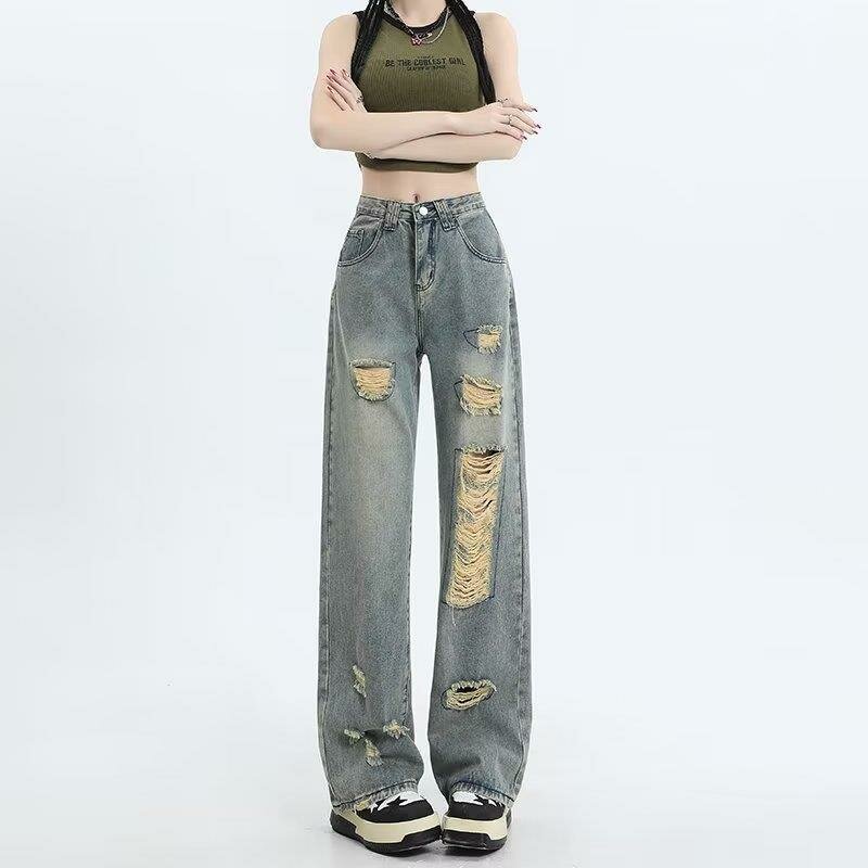 Женские джинсы Версия повышения Модницы рваные широкие — летние новинки высокоходные стройные полные штаны