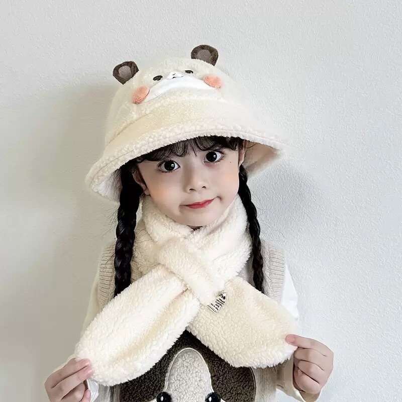Детская шапка, шарф, комплект из двух предметов, зимняя теплая шапка-тазик с милым кроликом для девочек, детская зимняя рыбацкая шапка для мальчика