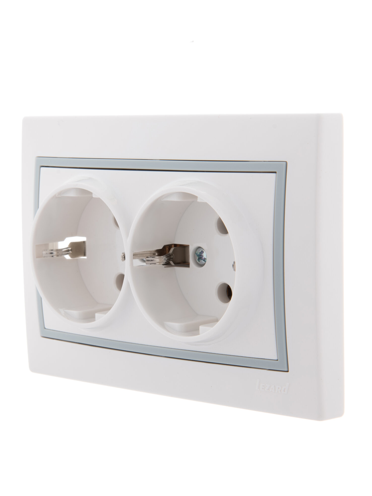 Розетка двойная Lezard с заземлением белая с серой вставкой, Mira