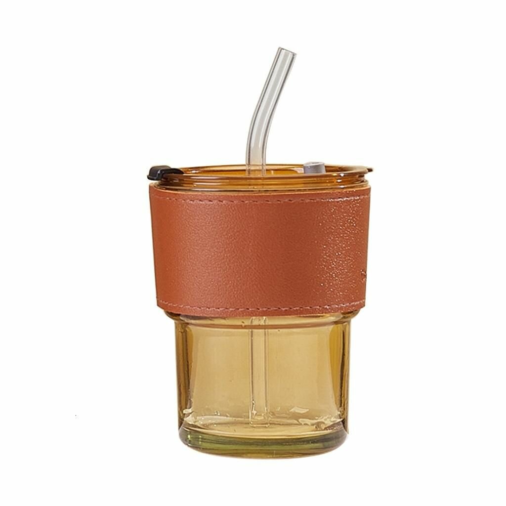 Стеклянная кружка с бамбуковой крышкой и соломинкой 400 мл, Янтарь