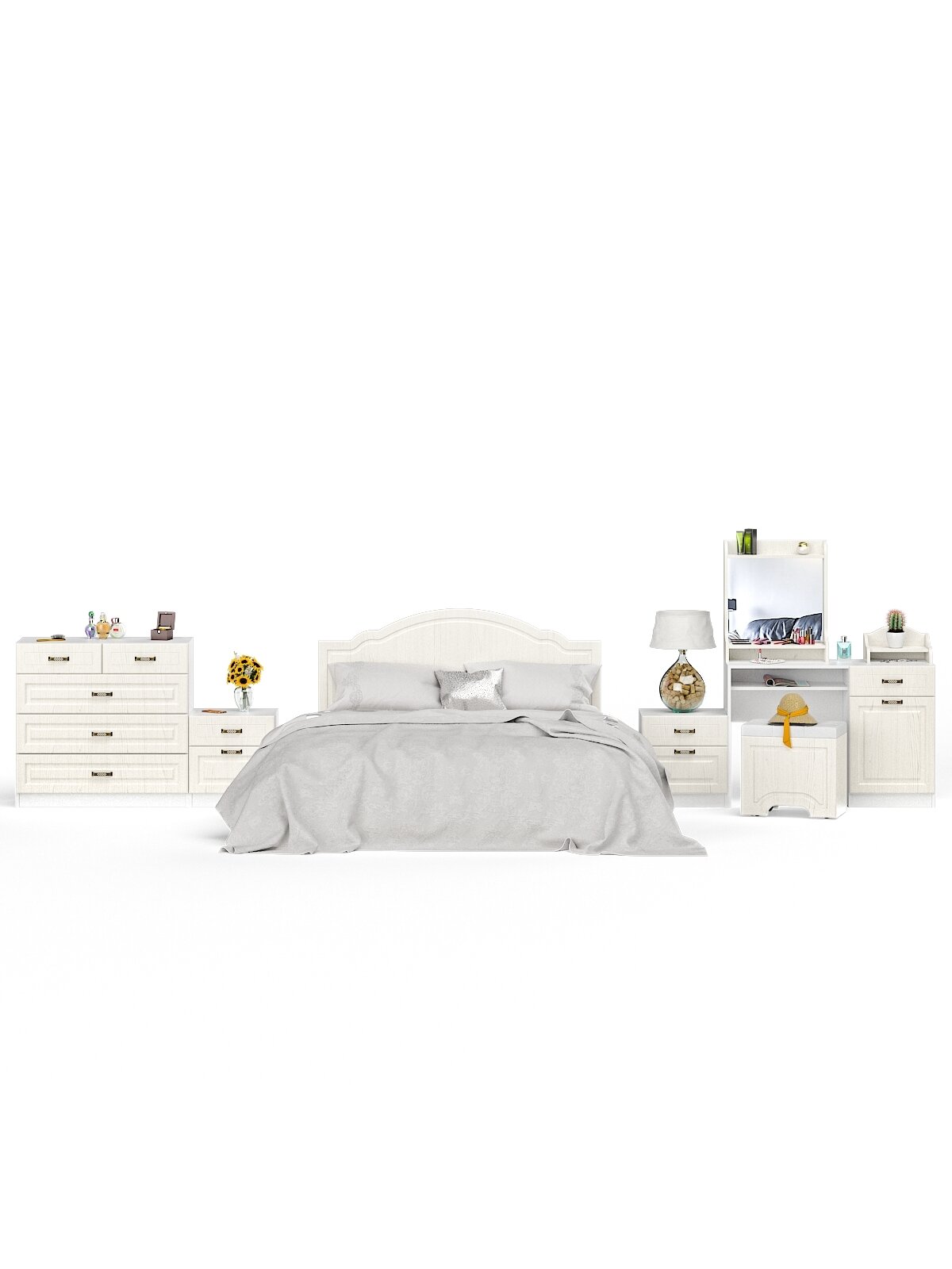 Спальный гарнитур Ливерпуль № 2 цвет ясень ваниль/белый, 8 предметов мебели, сп. м. 1600х2000 мм.