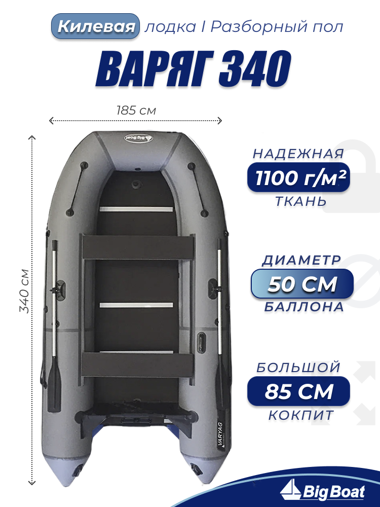 Надувная, под мотор, килевая лодка из ПВХ для рыбалки Varyag (Варяг) 340К пол-книжка