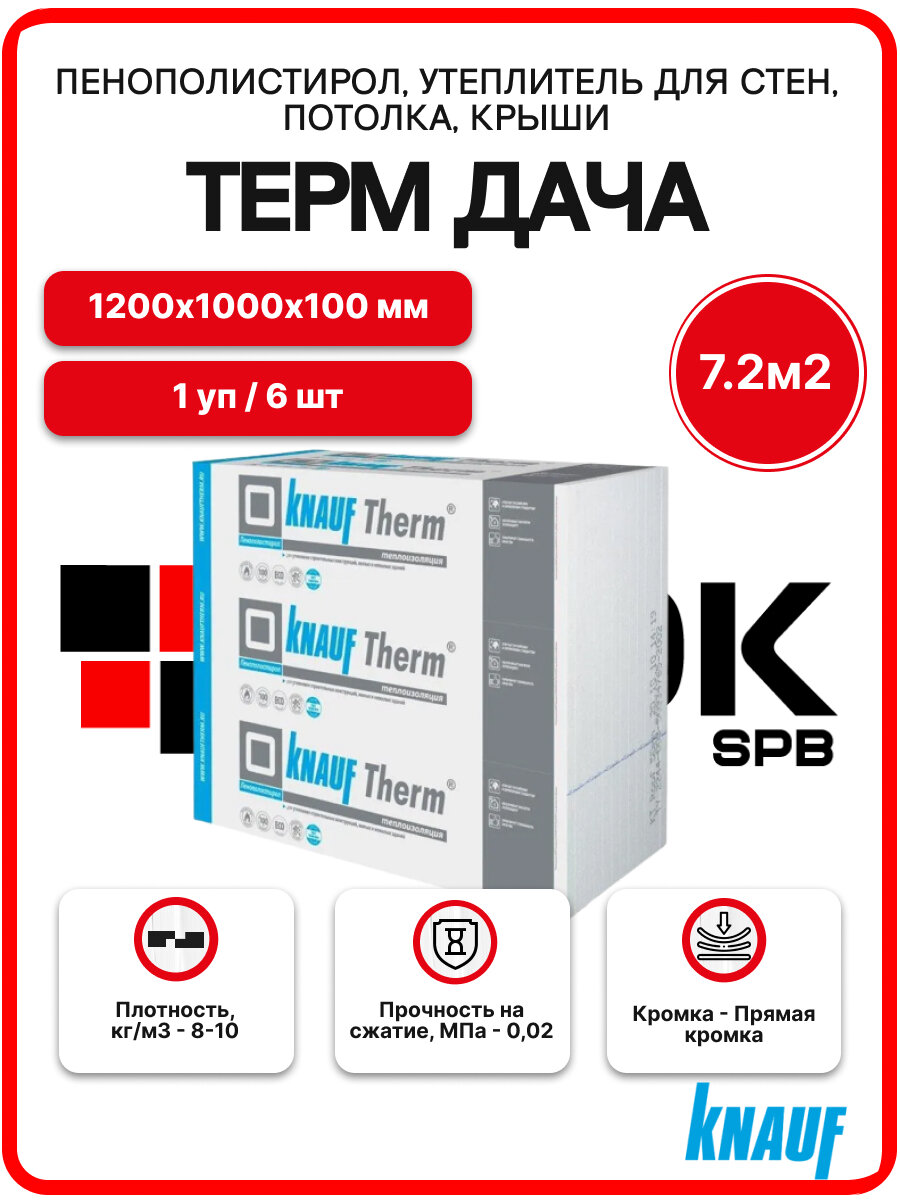 КНАУФ терм Дача 1200х1000х100 мм (1 уп. / 7,2 м2 / 6 шт.) пенополистирол, утеплитель для стен, потолка, крыши