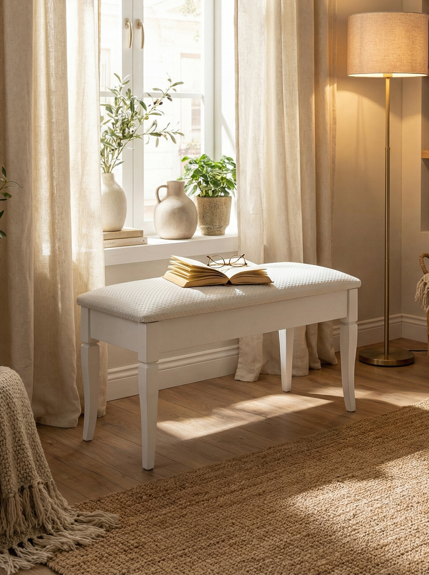 Пуфик банкетка в прихожую Мебелик с сиденьем Вивальди М с ящиком белый, ткань экокожа белый