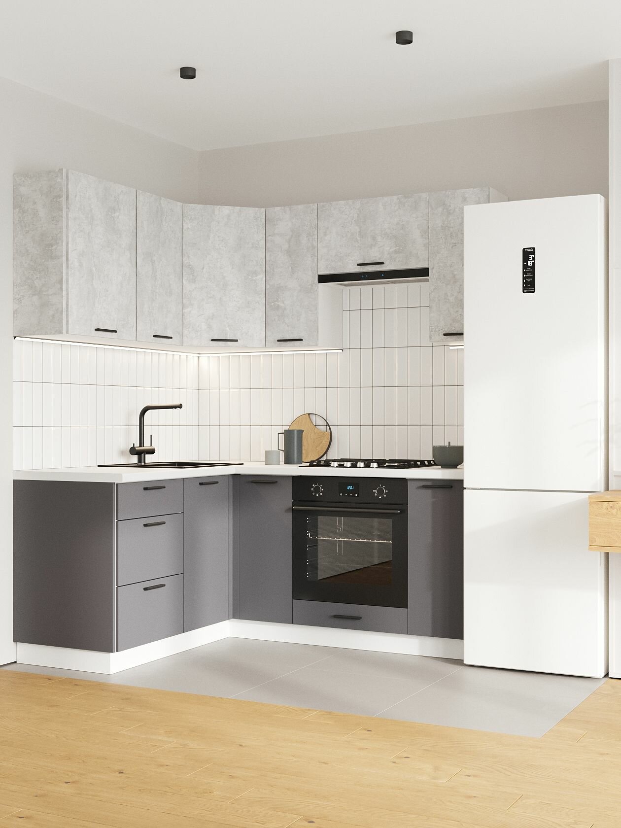 Кухонный гарнитур угловой Урбан 1.8х1.5 м, мебель для дома и кухни, Белый / Цемент светлый / Графит серый