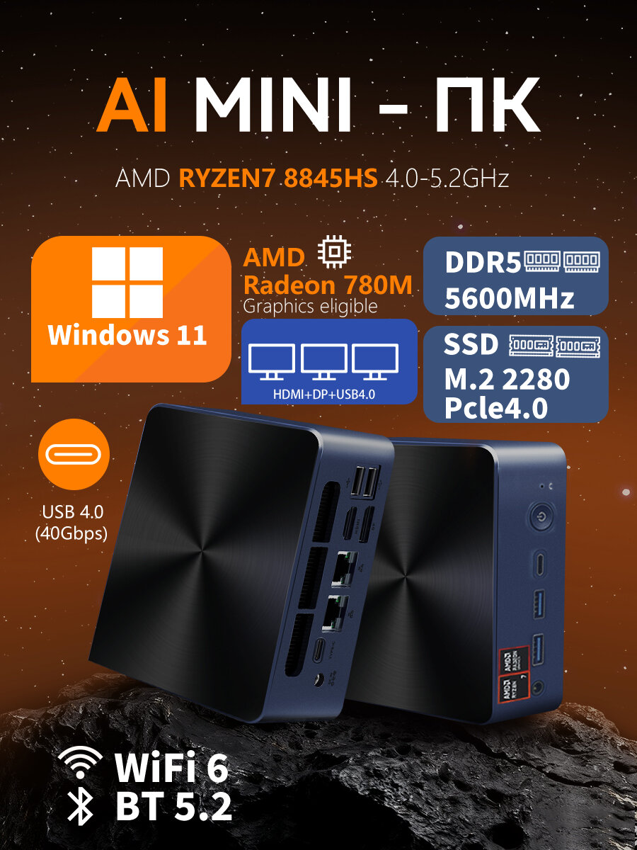 Мини ПК BRENUC N7P AMD Ryzen 7 8845HS, AMD Radeon 780M Graphics, Нет памяти, нет жесткого диска,), тёмно-синий