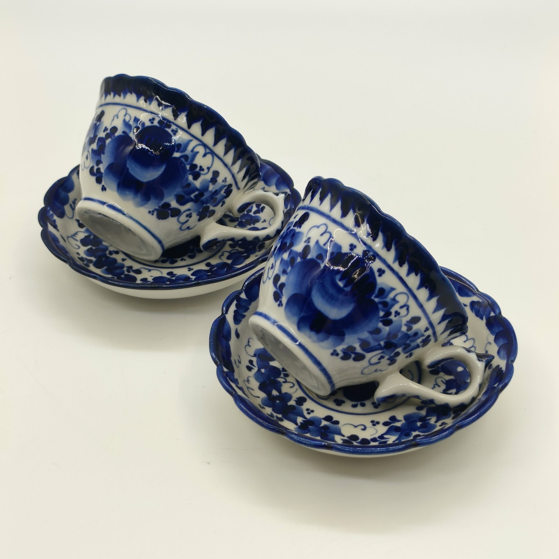 Набор из 2-х кофейных пар с цветочным декором, ав. Андреев, Гжель, фарфор, роспись