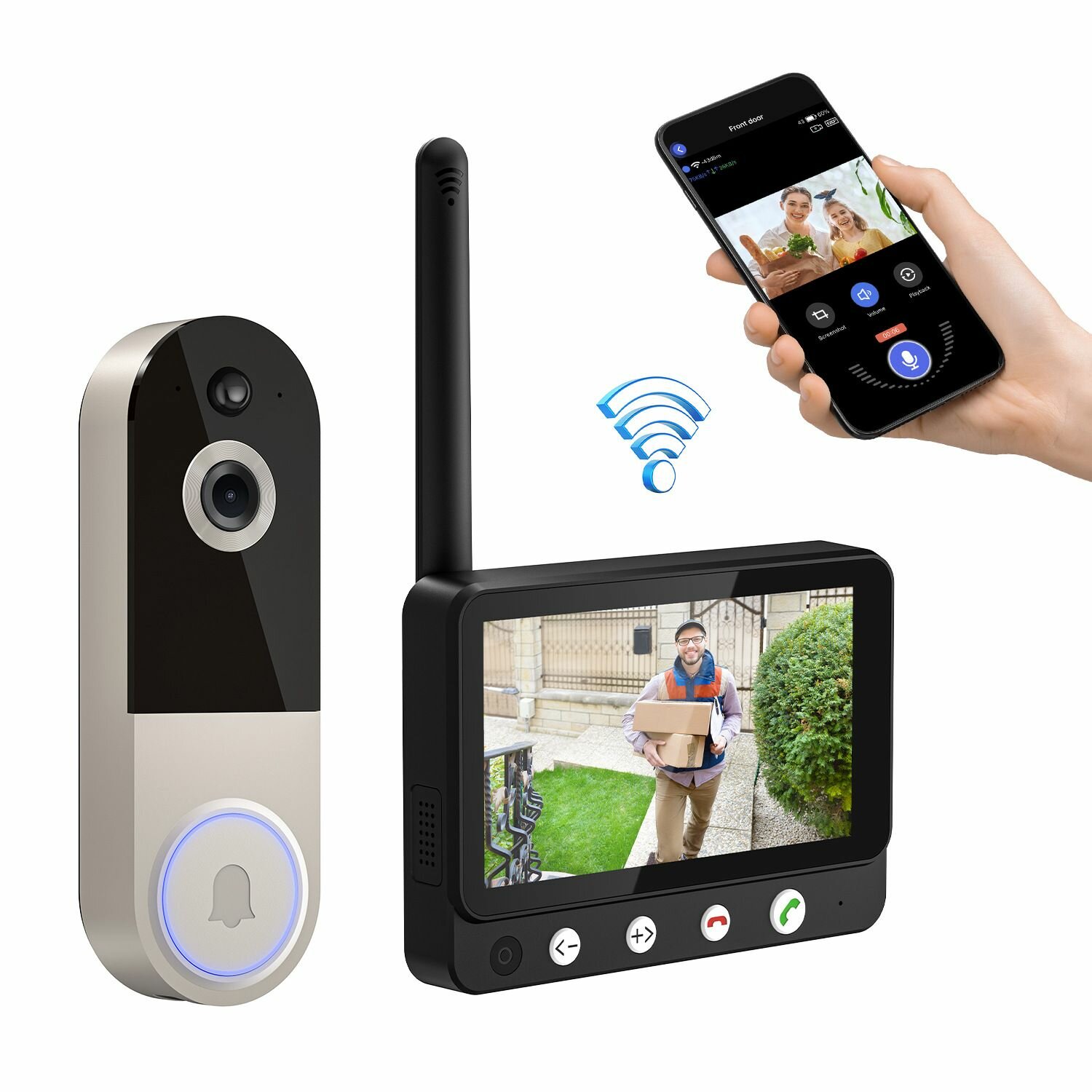 Умный видеодомофон с Wi-Fi, беспроводным голосовым управлением и 4,5-дюймовым ЖК-экраном высокого разрешения с функцией ночного видения бежевый.