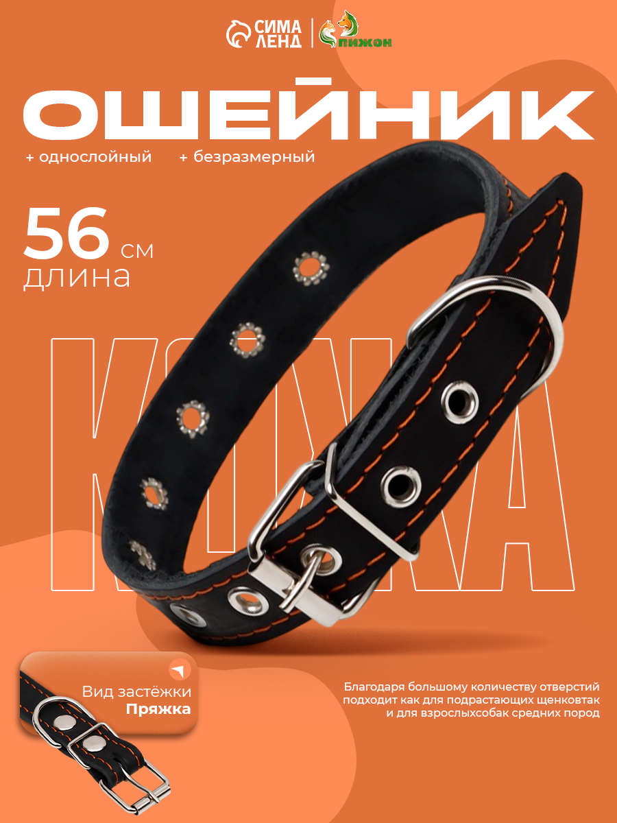 Ошейник кожаный однослойный, безразмерный, 56 х 2.5 см, ОШ 17-44 см, чёрный