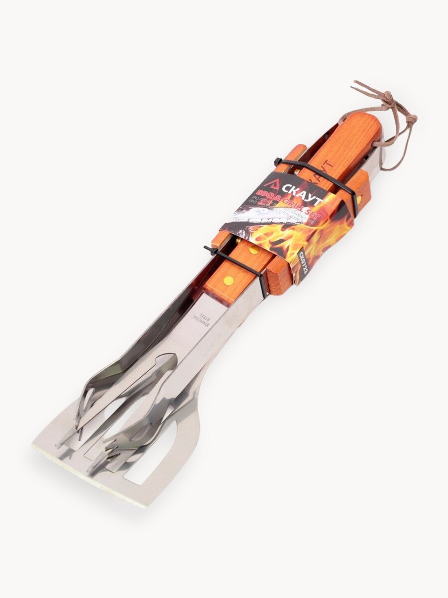 Набор для гриля - лопатка, вилка, щипцы скаут СК 0722 нержавеющая сталь с деревянными ручками (серебристый)