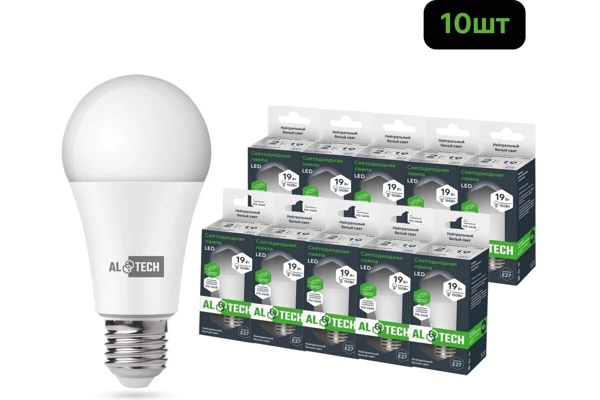 ALTECH Лампочка светодиодная LED Р60-19W-840-E27 19Вт груша нейтральный белый свет 10шт 4673758071460