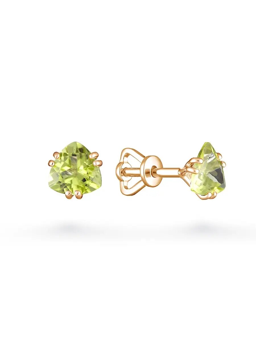 Серьги пусеты, красное золото, 585 проба, бриллиант, хризолит