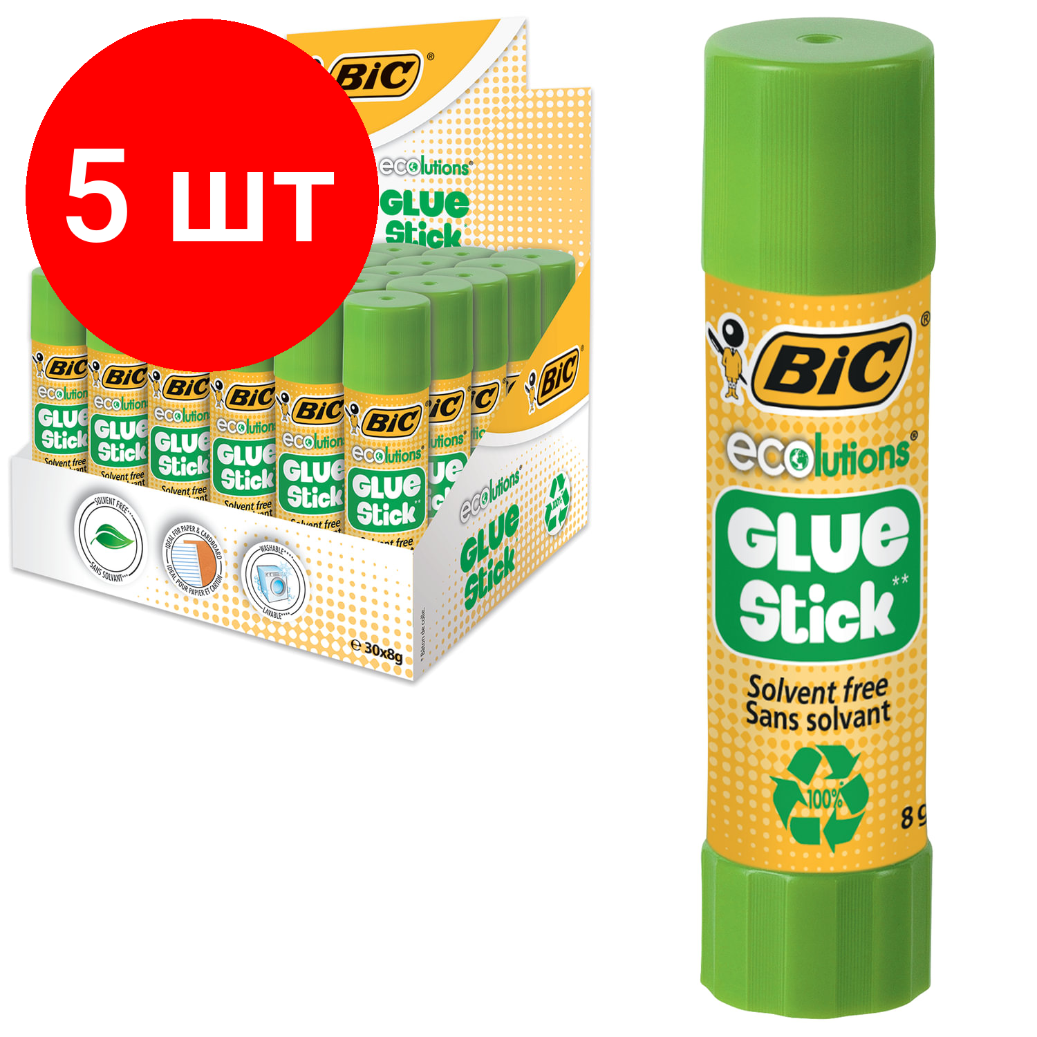 Комплект 5 шт, Клей-карандаш BIC "ECOlutions" 8 г, с ароматом яблока, 8923442