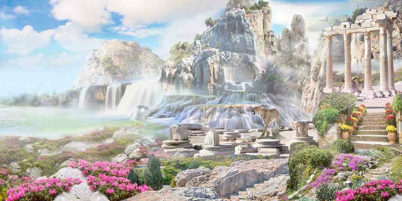 Фотообои Античные колонны на фоне гор 7-162-S-Холст 270 x 200 см (ВхШ) Бесшовные, флизелиновые, влагостойкие обои MasterFresok