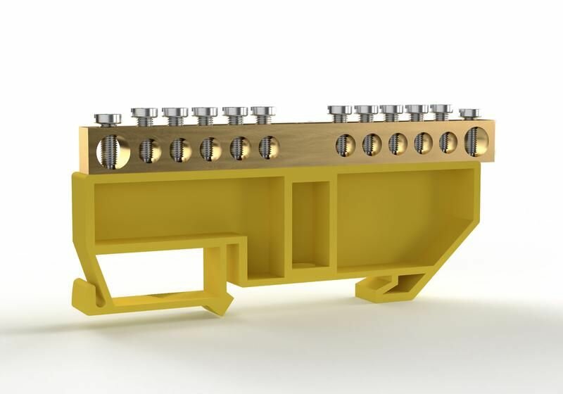 Шина PE «земля» на DIN-изоляторе 6х9мм 12 отвер. латунь TOKOV ELECTRIC TKE-BCB-69-12-DIN/PE