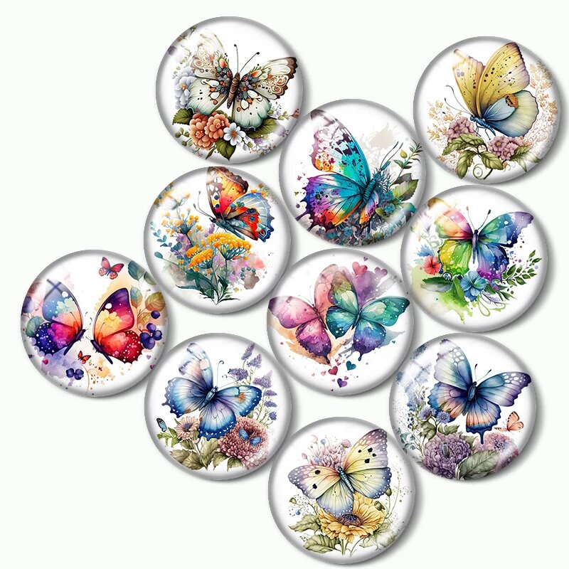 Стеклянные кабошоны с изображением бабочки-цветка 10 шт. 20 мм, mix