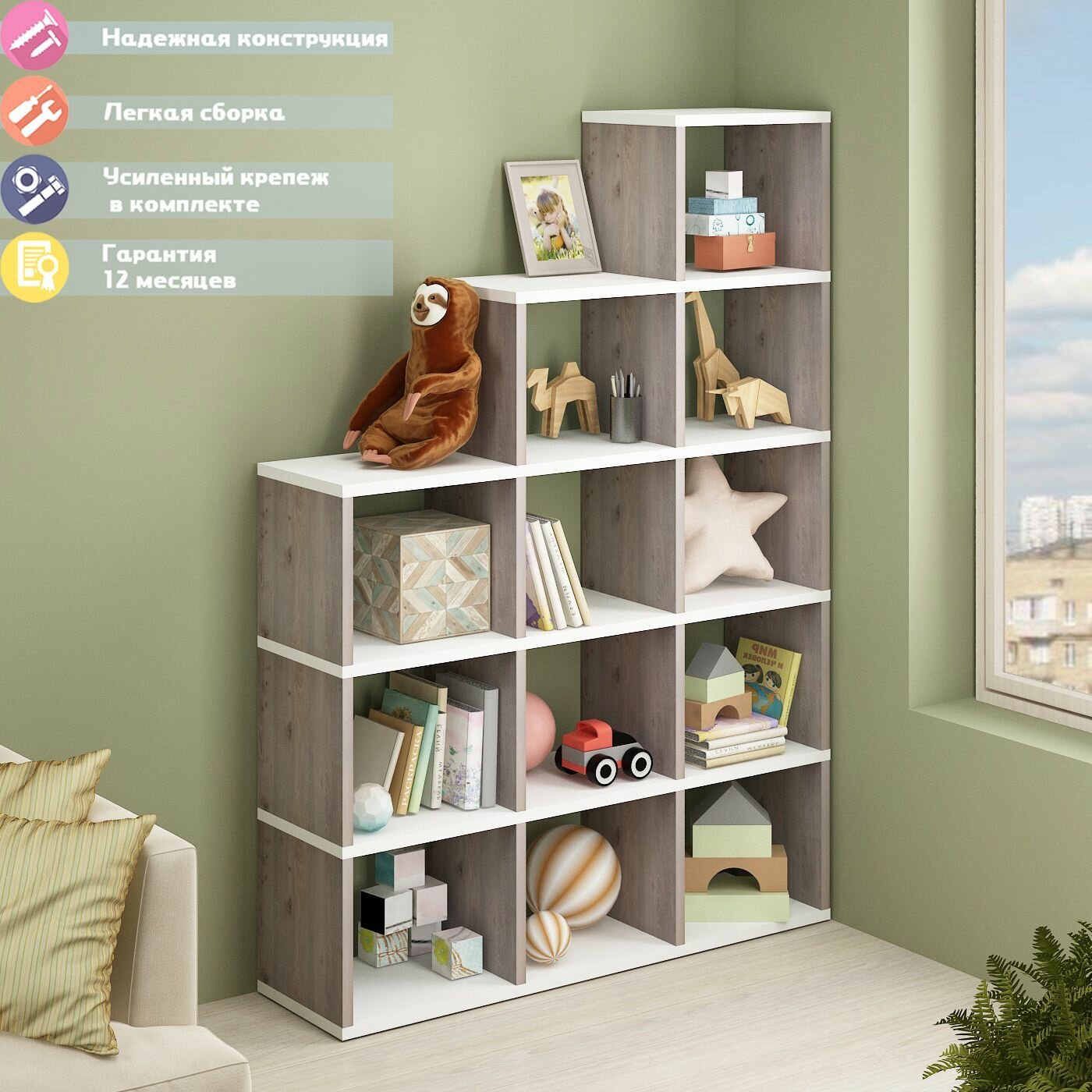 Стеллаж Лесенка СЛД 5 НБЕ Нельсон/Белый, модульный, 130х35х185 см, для зонирования