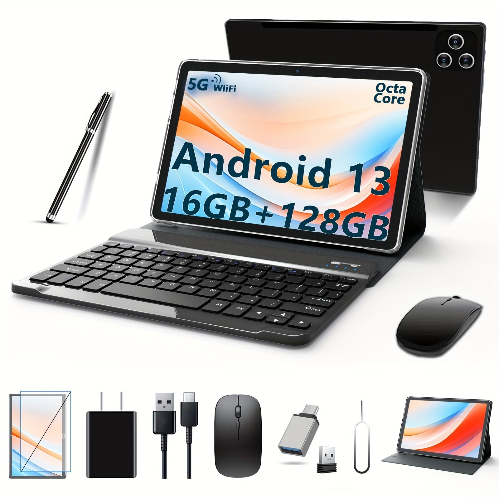 Планшет на Android 13, планшет с 5G WiFi, 16 ГБ (8+8 расширение) ОЗУ + 128 ГБ ПЗУ + расширяемая память до 1 ТБ TF, процессор с 8 ядрами 2,0 ГГц, 5G/2,4G Dual Band WiFi, экран 1920*1200 IPS