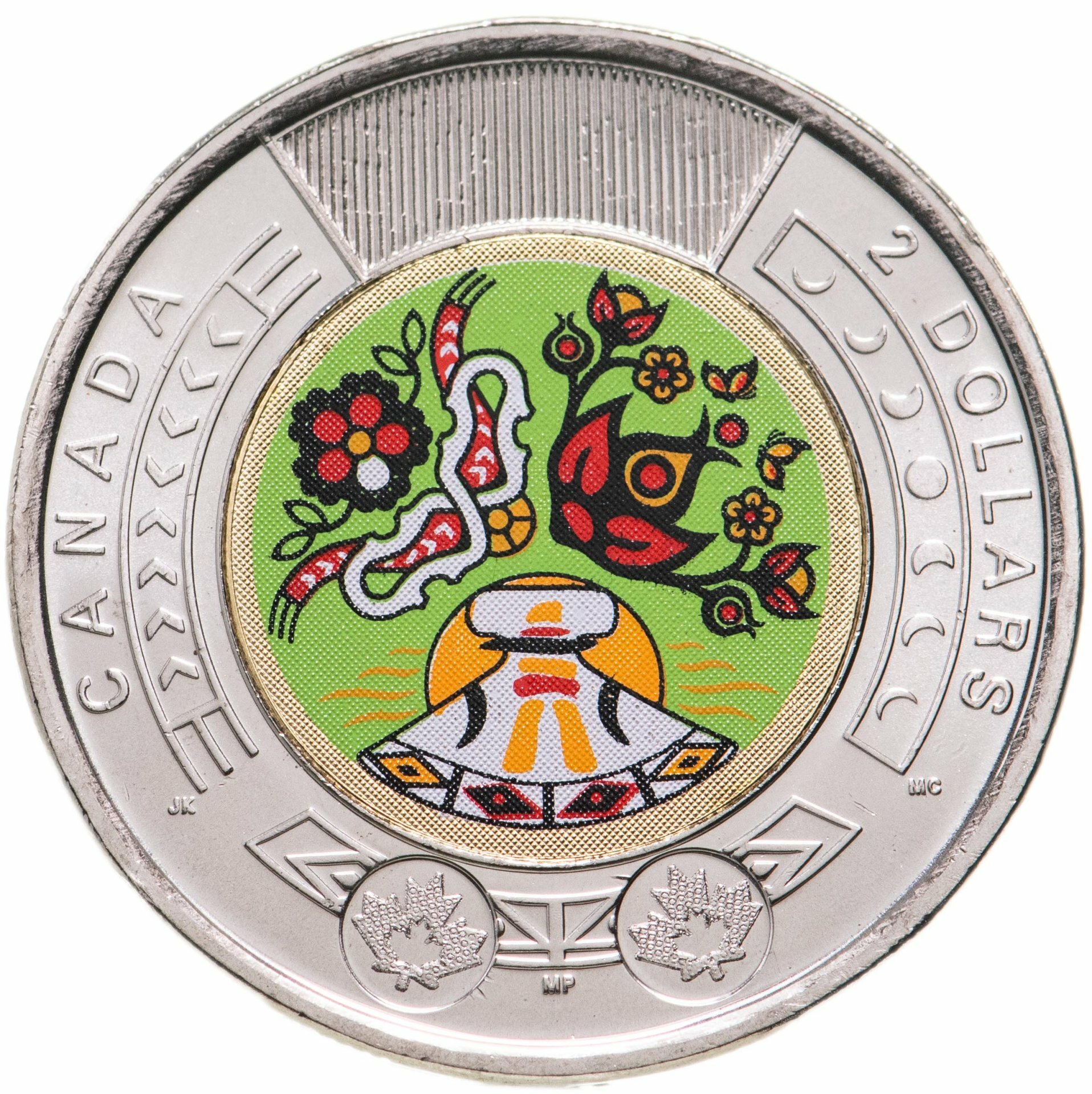 Канада 2 доллара 2023 "День коренных жителей Канады" цветное покрытие, Биметалл, в сохранности UNC