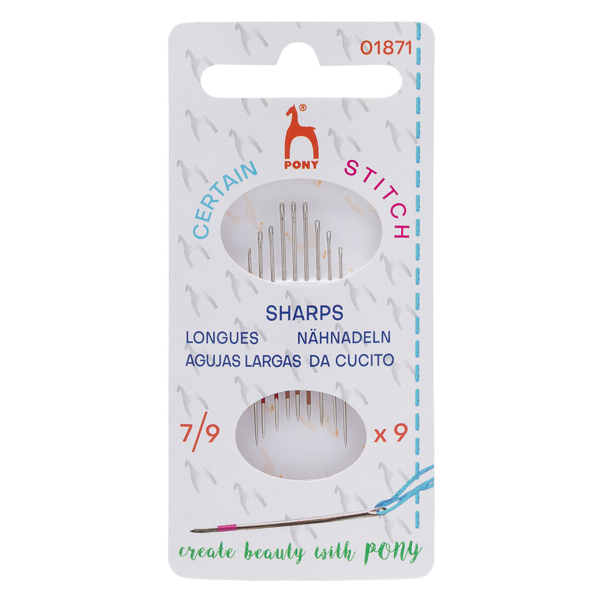 Иголки для шитья с цветной полосой для ровных стежков стежков Sharps, № 7-9, 9 шт, PONY 01871