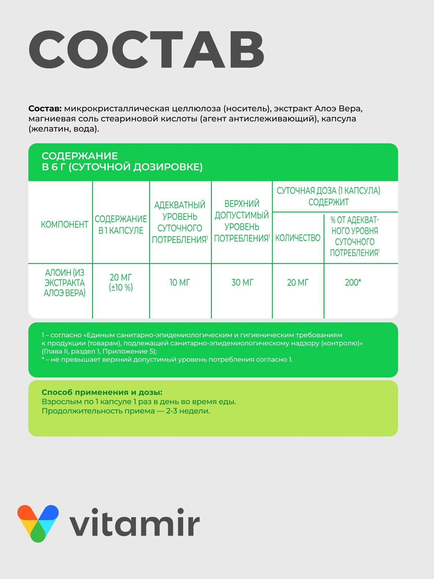 Экстракт Алоэ Вера VITAMIR PRO / БАД для жкт, для улучшения пищеварения / 60 капсул — фото 1