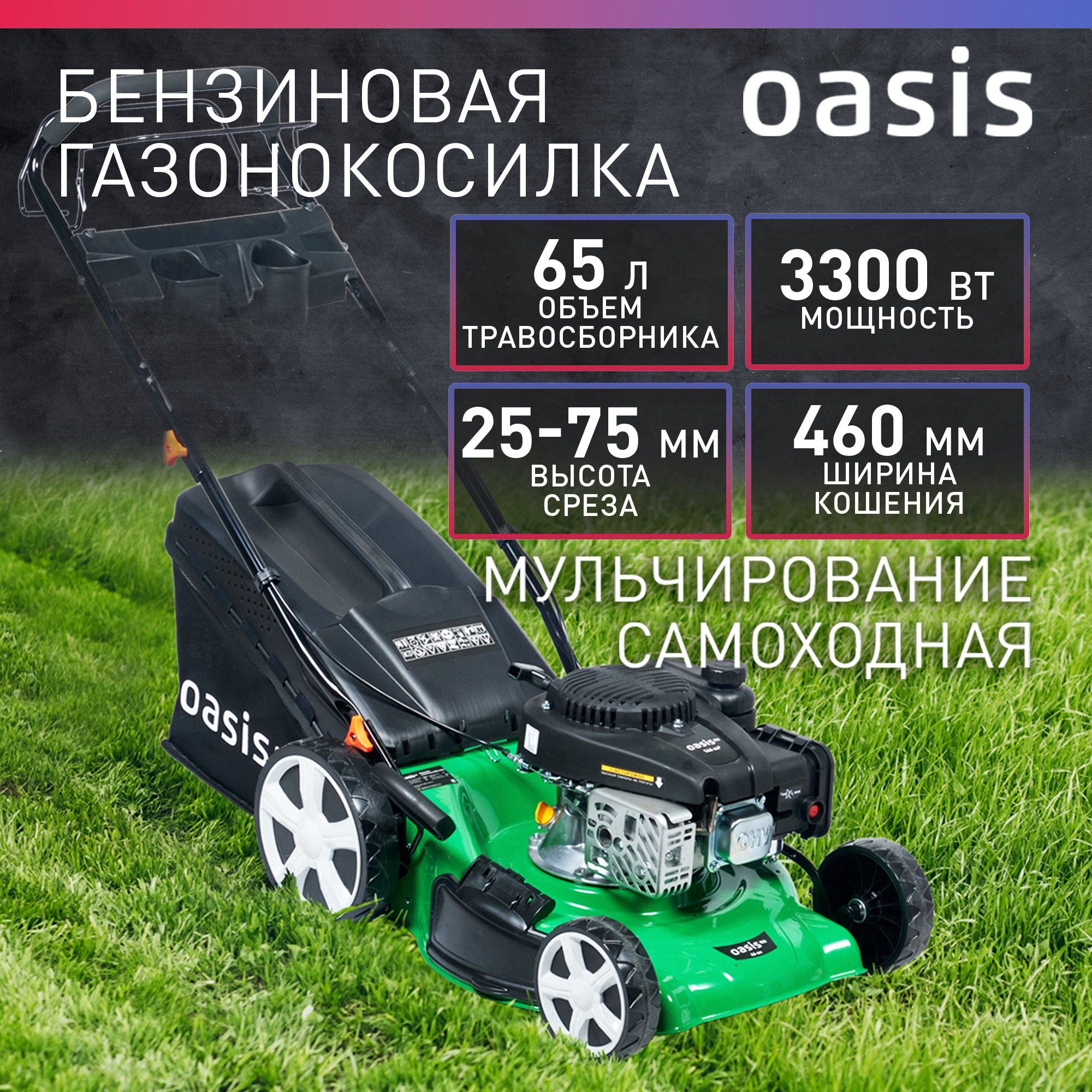 Газонокосилка бензиновая самоходная для травы Oasis GBE-3,3 Eco, 3300 Вт, 4,5 л. с, 2800 об/мин