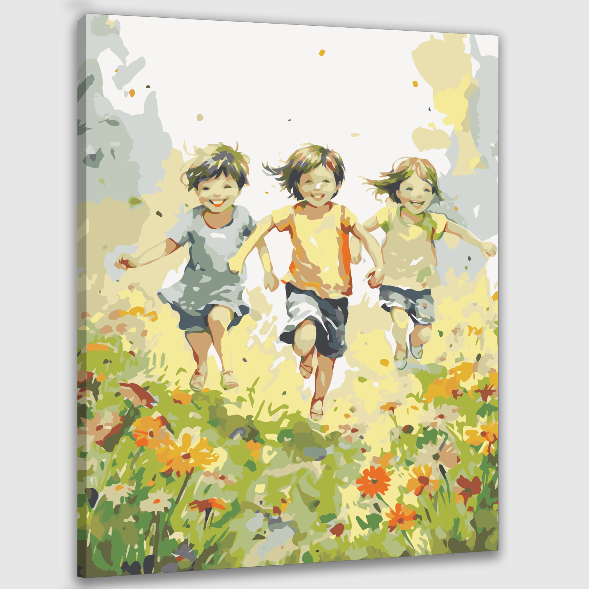 Картина по номерам 40x50 см, акварельная иллюстрация, дети, бегущие, поле, полевые цветы, солнечный летний день