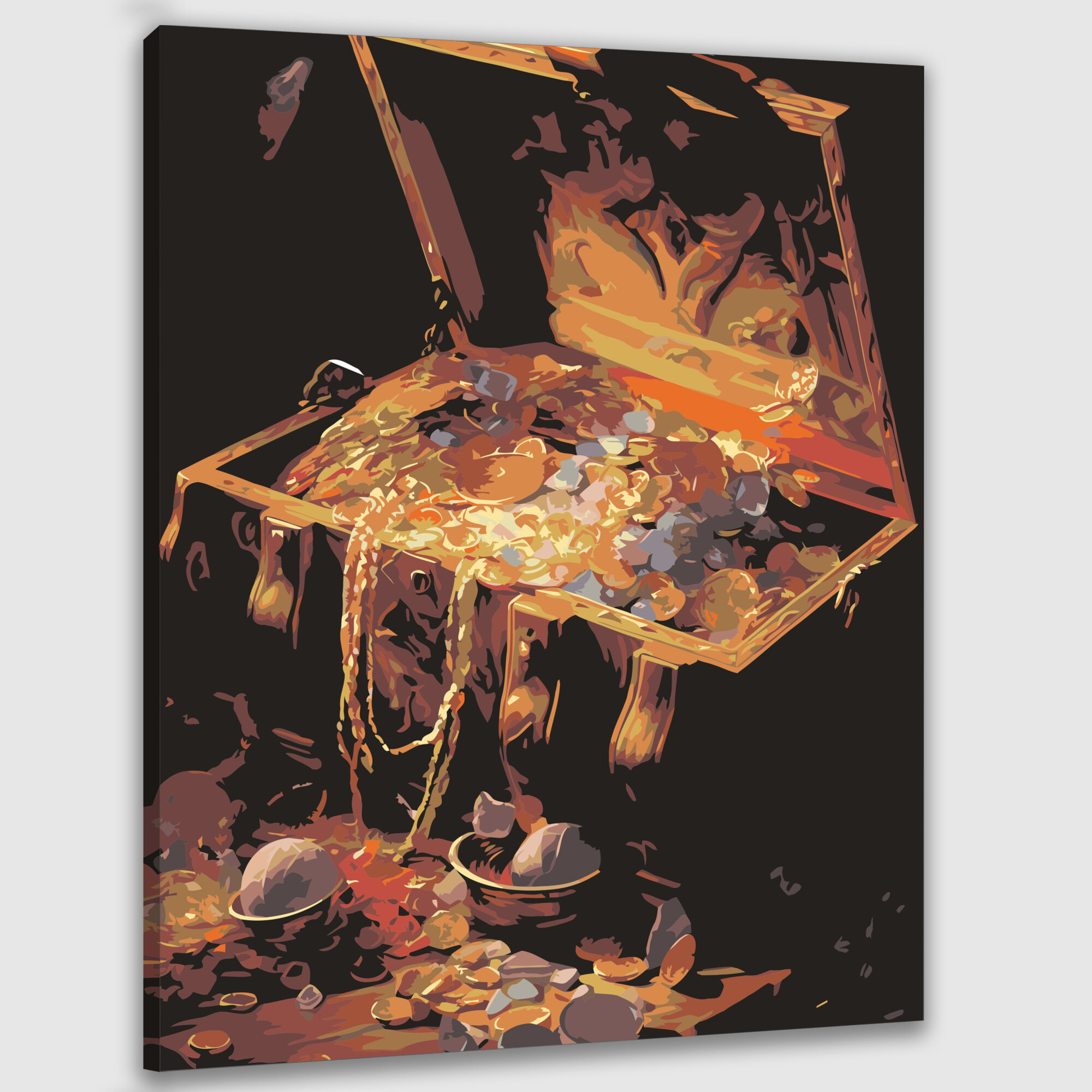 Картина по номерам 40x50 см, картина, масло, сундук, сокровища, драгоценности, золотые монеты, блеск, камни, свет, тени