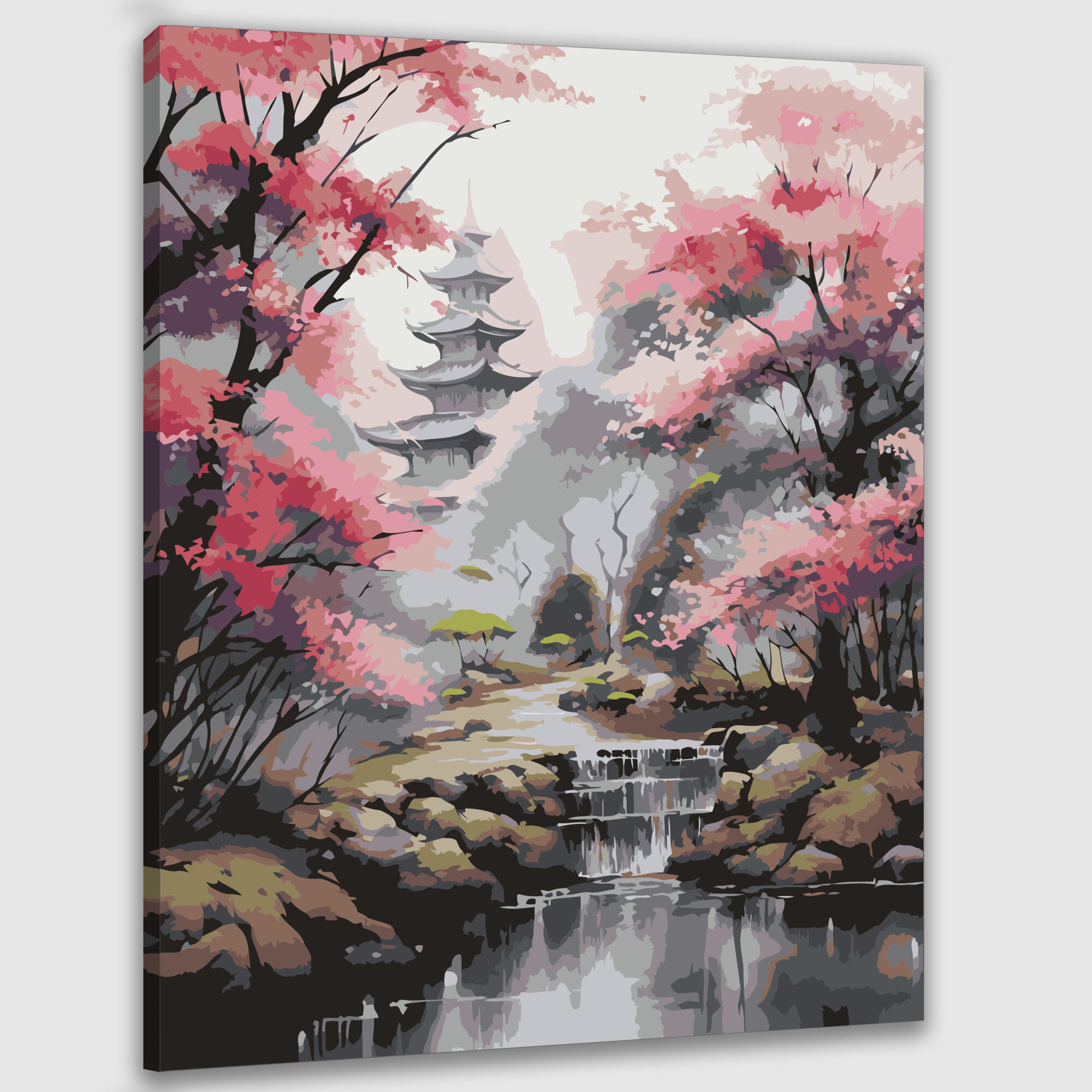 Картина по номерам 40x50 см, акварель, иллюстрация, японский сад, цветение сакуры, розовые лепестки, кружение воздухе