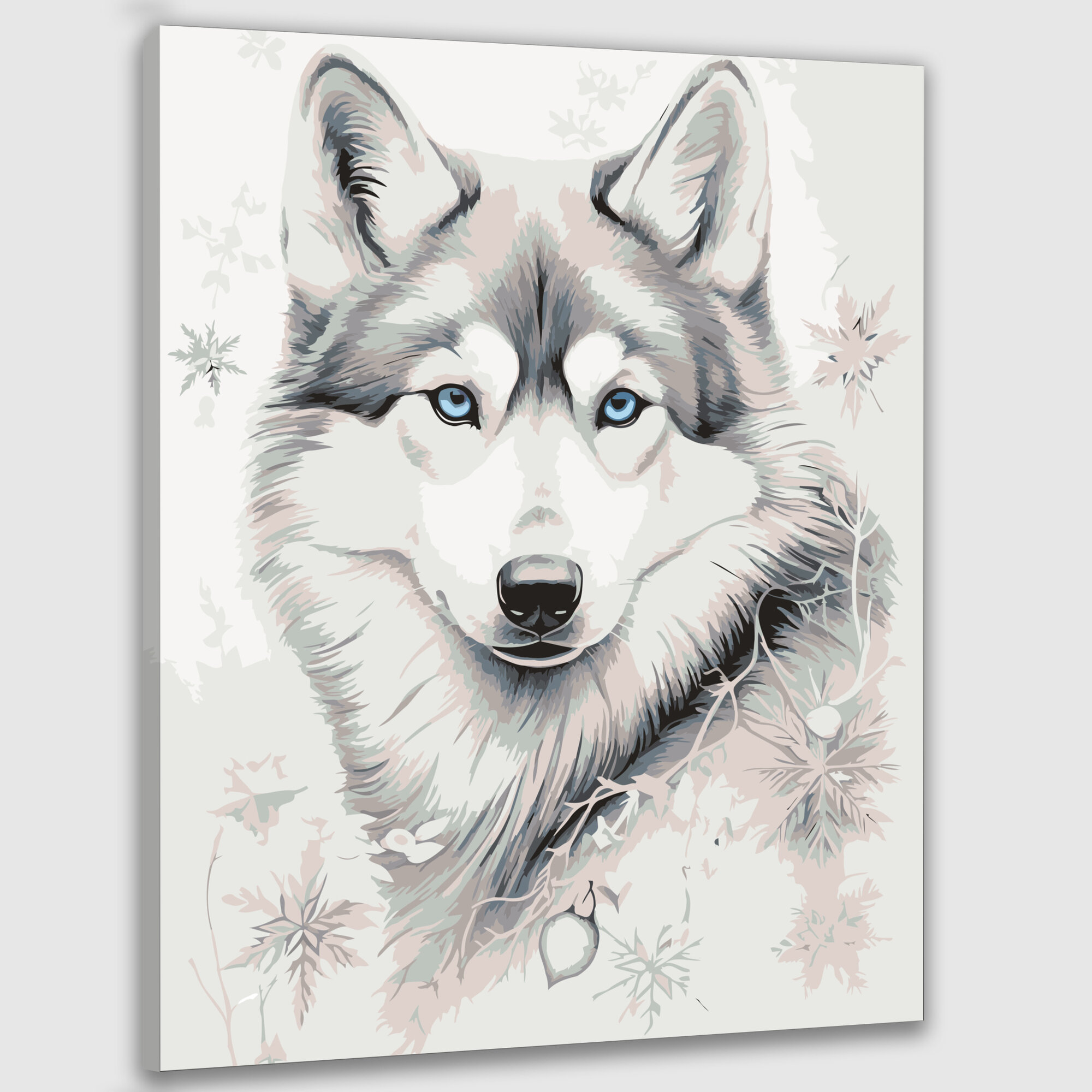 Картина по номерам 40x50 см, картина, графитовый рисунок, хаски, голубые глаза, выражение достоинства, узоры, снежинки