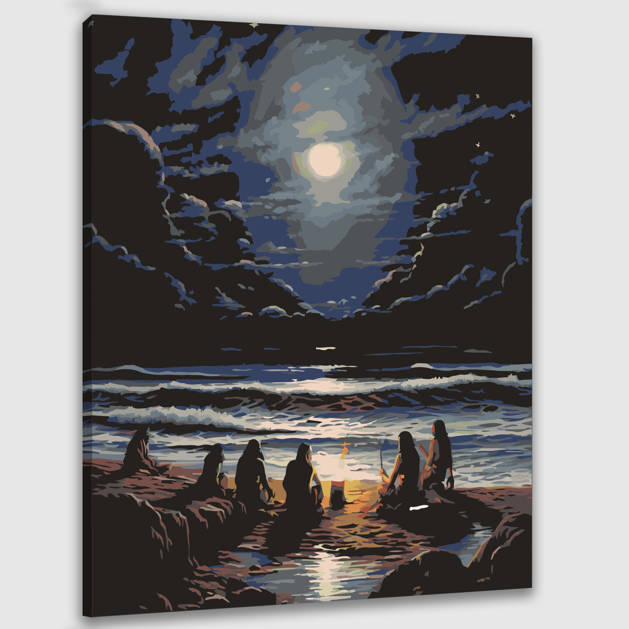 Картина по номерам 40x50 см, картина маслом, шаманы, пляж, лунный свет, волны, звездное небо, благоговение, природа