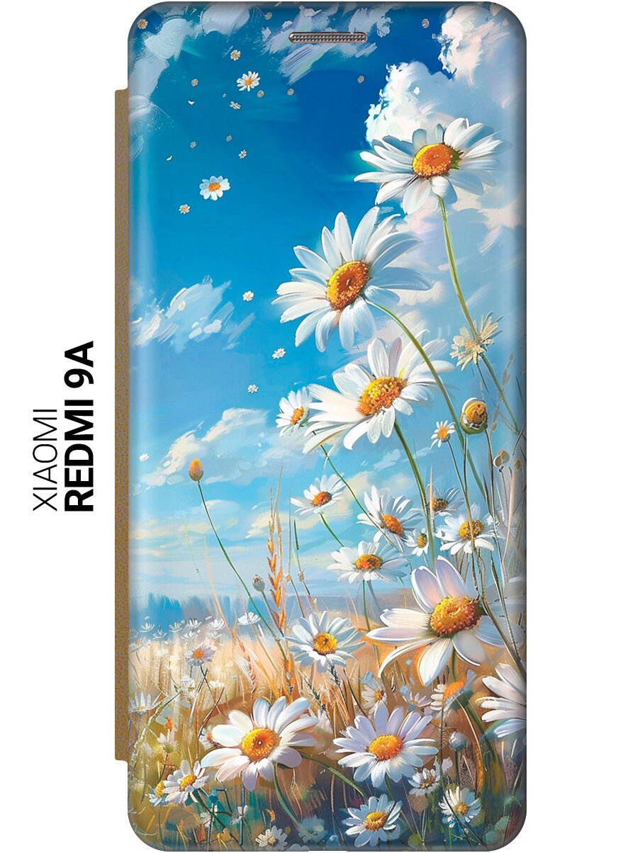 Чехол-книжка на Xiaomi Redmi 9A / Сяоми Редми 9А с рисунком "Ромашки на поле" золотой