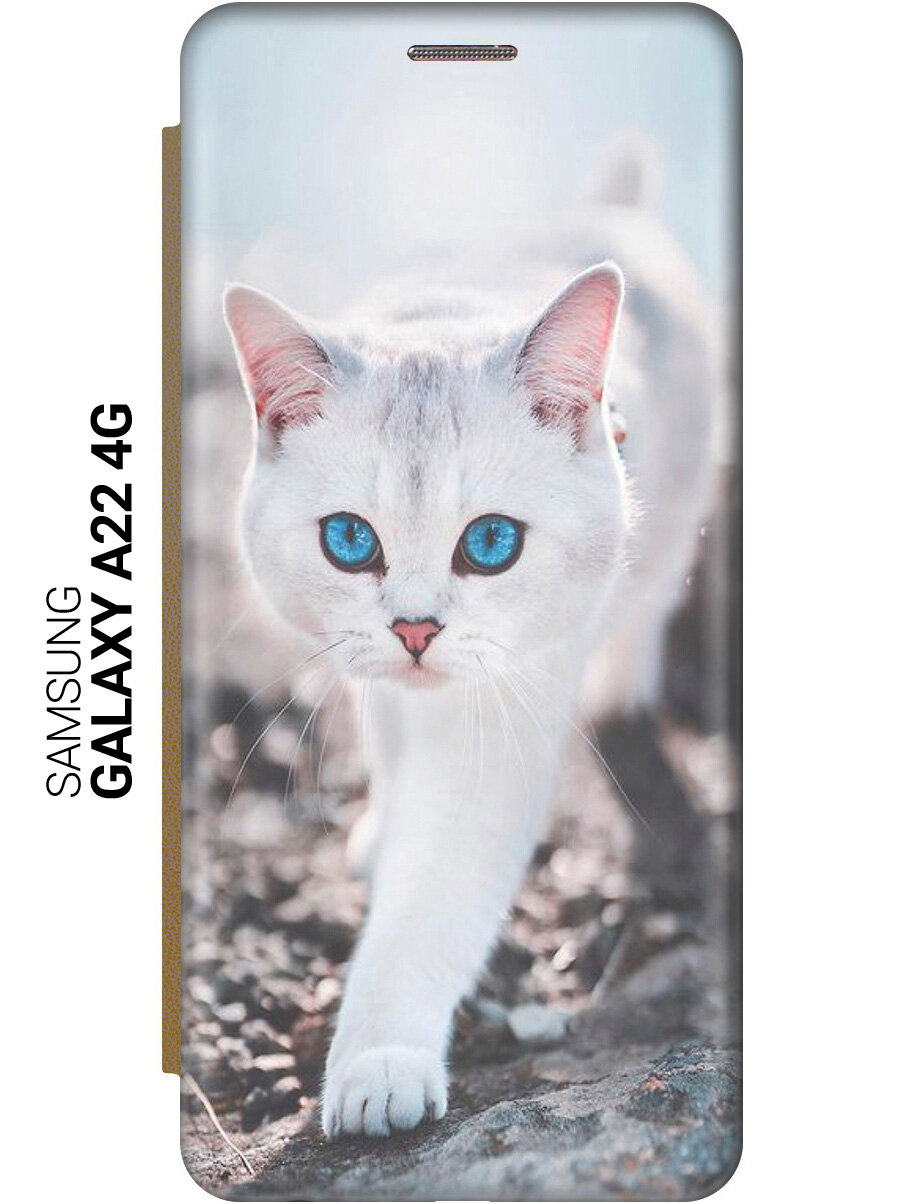 Чехол-книжка на Samsung Galaxy A22, M32, M22, Самсунг А22, М32, М22 с 3D принтом "Голубоглазый кот" золотой