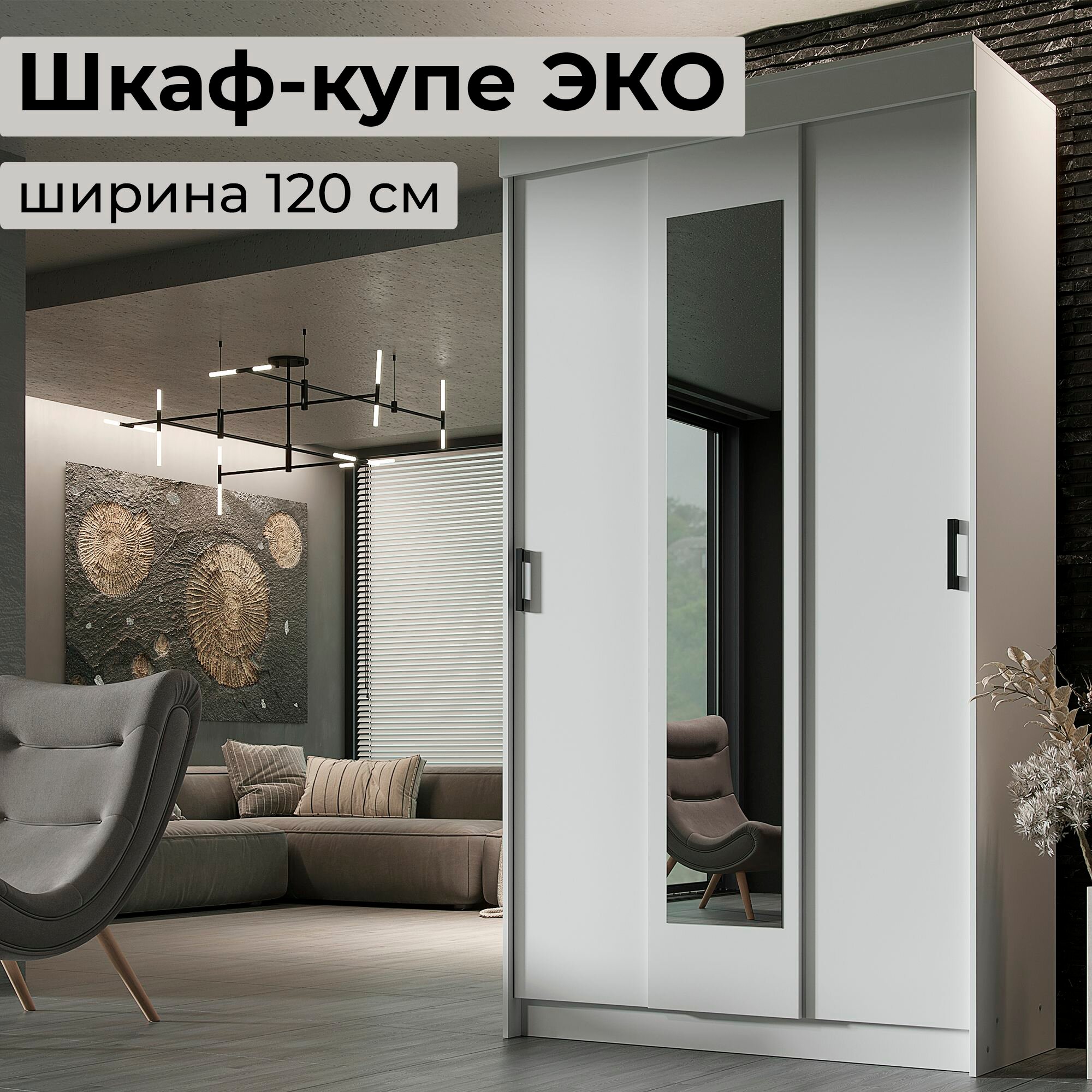 Шкаф-купе ЭКО ширина 120 см Белый гладкий с зеркалом и штангой в прихожую для одежды и в спальню платяной большой высота 220