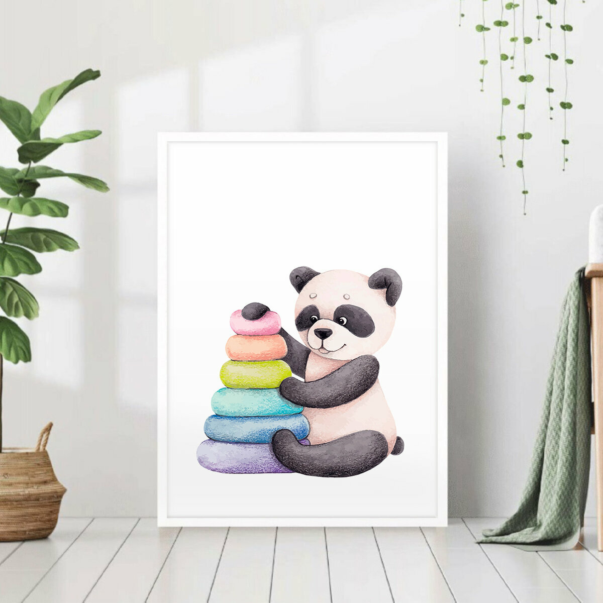 Постер "Панда с пирамидкой для детской" в белой рамке 40x50 см для интерьера на стену